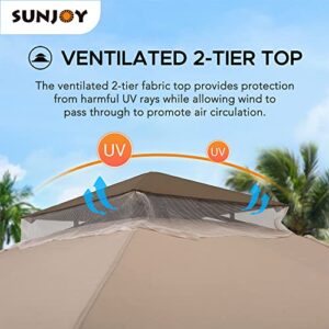 Sunjoy 9.5 ft. x 9.5 ft. Gazebo with 2-Tier Canopy Roof, Steel Frame Soft top Gazebo with Ceiling Hook and Mosquito Netting, Tan and Brown