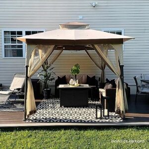 Sunjoy 9.5 ft. x 9.5 ft. Gazebo with 2-Tier Canopy Roof, Steel Frame Soft top Gazebo with Ceiling Hook and Mosquito Netting, Tan and Brown