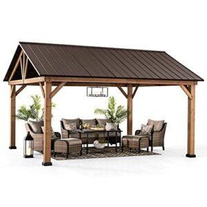 sunjoy wood gazebo 13 x 15 ft. outdoor patio premium cedar frame gazebos with brown steel gable hardtop roof for garden, backyard shade, brown roof + natural wood frame