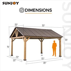 Sunjoy Wood Gazebo 13 x 15 ft. Outdoor Patio Premium Cedar Frame Gazebos with Brown Steel Gable Hardtop Roof for Garden, Backyard Shade, Brown Roof + Natural Wood Frame