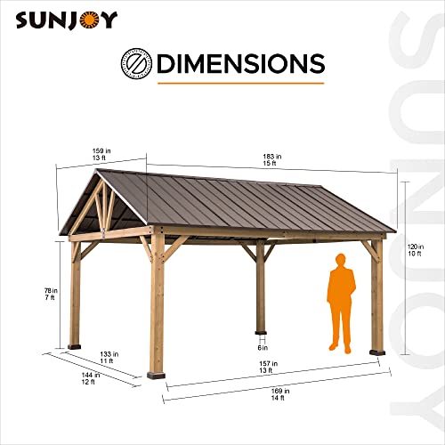 Sunjoy Wood Gazebo 13 x 15 ft. Outdoor Patio Premium Cedar Frame Gazebos with Brown Steel Gable Hardtop Roof for Garden, Backyard Shade, Brown Roof + Natural Wood Frame