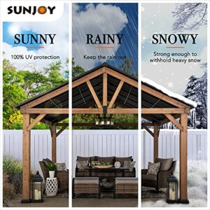 Sunjoy Wood Gazebo 13 x 15 ft. Outdoor Patio Premium Cedar Frame Gazebos with Brown Steel Gable Hardtop Roof for Garden, Backyard Shade, Brown Roof + Natural Wood Frame