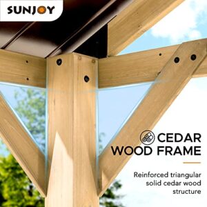 Sunjoy Wood Gazebo 13 x 15 ft. Outdoor Patio Premium Cedar Frame Gazebos with Brown Steel Gable Hardtop Roof for Garden, Backyard Shade, Brown Roof + Natural Wood Frame