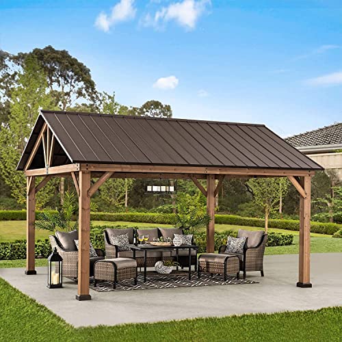 Sunjoy Wood Gazebo 13 x 15 ft. Outdoor Patio Premium Cedar Frame Gazebos with Brown Steel Gable Hardtop Roof for Garden, Backyard Shade, Brown Roof + Natural Wood Frame