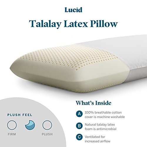 LUCID Talalay Latex Foam Pillow - Mid-Loft - Medium Plush Feel- Removable Cotton Cover, Dorm Room Essentials, Queen