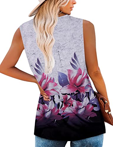 MODARANI Gray Sleeveless Tops for Women Floral Pleated Tunic Flowy Cami Shirt L