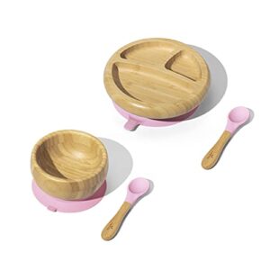 avanchy baby toddler feeding suction plate + soft tip spoon babies set | divided bamboo stay put plates | bpa free | fits most highchairs | 7” × 2” - pink