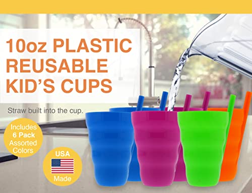 Arrow Home Products Sip A Cup with Built in Straw, 10oz, 6pk - BPA-free Straw Cups for Kids Great for Everyday Use - Made in the USA, Stackable Kids Straw Cups - Purple, Blue, Green, Orange