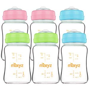 matyz 6-pack borosilicate glass breast milk bottles (6 oz, 3 colors) - wide neck breastmilk collection and storage bottle - formula storage bottles compatible with medela avent spectra pumps