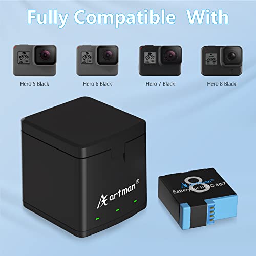 Artman Replacement Hero 8 Batteries 1500mAh (2-Pack) and 3-Channel LED USB Storage Charger Compatible with Gopro Hero 8 Black,Hero 7 Black,Hero 6/5 Black(Fully Compatible with Original)