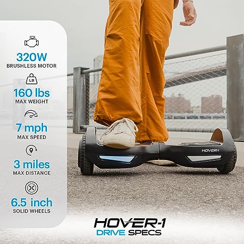 Hover-1 Drive Electric Hoverboard | 7MPH Top Speed, 3 Mile Range, Long Lasting Lithium-Ion Battery, 6HR Full-Charge, Path Illuminating LED Lights, Black