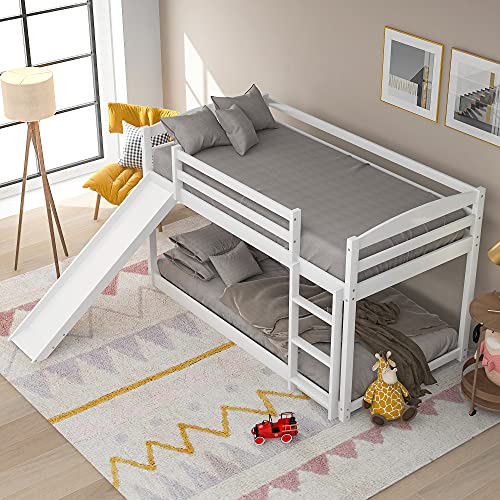 Harper & Bright Designs Twin Bunk Beds with Slide for Kids, Low Profile Bunk Beds with Built-in Ladder, No Box Spring Needed