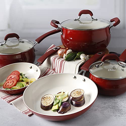 Oster Corbett Forged Aluminum Cookware Set with Ceramic Non-Stick-Induction Base-Soft Touch Bakelite Handle and Tempered Glass Lids, 8-Piece, Gradient Red