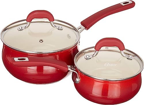 Oster Corbett Forged Aluminum Cookware Set with Ceramic Non-Stick-Induction Base-Soft Touch Bakelite Handle and Tempered Glass Lids, 8-Piece, Gradient Red