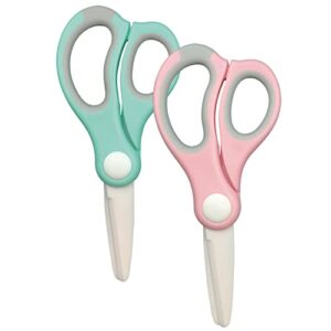 ceramic scissors for baby food,safety healthy bpa free and portable toddler shears with protective blade cover and travel case, 2 pack(pink and green)