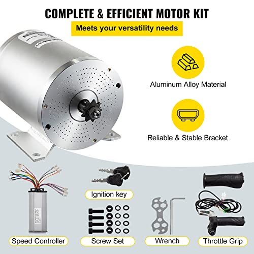 BestEquip Electric DC Motor, 2KW 48V Brushless Motor Kit 4300rpm High Speed Electric Scooter Motor for Go Kart Bike Motorcycle with Speed Controller, Throttle, Keylock