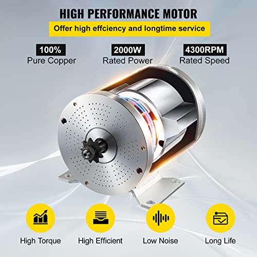 BestEquip Electric DC Motor, 2KW 48V Brushless Motor Kit 4300rpm High Speed Electric Scooter Motor for Go Kart Bike Motorcycle with Speed Controller, Throttle, Keylock