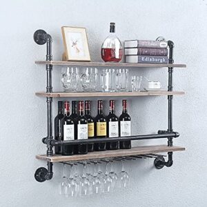 industrial pipe shelf wine rack wall mounted with 9 stem glass holder,3-tiers rustic floating bar shelves wine shelf,36in real wood shelves wall shelf unit,steam punk pipe shelving wine glass rack