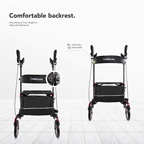 OasisSpace Heavy Duty Upright Walker 450 lb,Bariatric Upright Walker with Wide Seat,Stand up Rollator Mobility Walking Aid for Elderly, Seniors and Adult Red