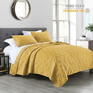 Quilt Set King Size Yellow, Classic Geometric Diamond Stitched Pattern, Ultra Soft Microfiber Lightweight Bedding Set Quilted Bedspread Coverlet for All Season, 3 Piece Includes 1 Quilt and 2 Shams