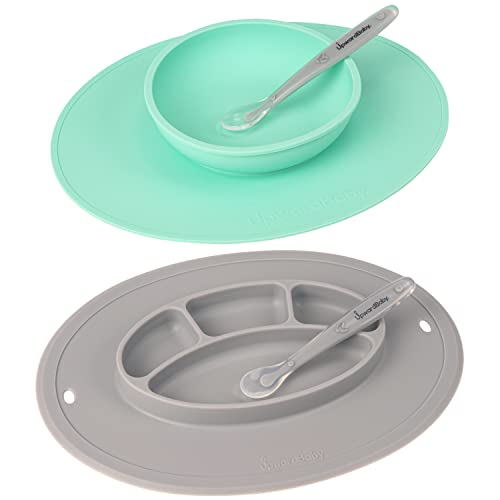 Upward Baby Suction Plates & Bowls for Baby -Toddler Essentials Silicone Baby Plate & Bowl with 2 Baby Spoons Self Feeding 6 Months - Kids Plates Baby Utensils & Baby Feeding Supplies BPA Free