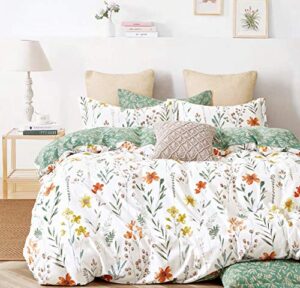 sleepbella duvet cover queen, 600 thread count cotton 3pcs bedding set yellow flowers and green branches printed on white reversible comforter cover