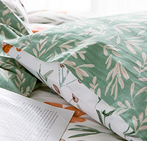 SLEEPBELLA Duvet Cover Queen, 600 Thread Count Cotton 3pcs Bedding Set Yellow Flowers and Green Branches Printed on White Reversible Comforter Cover