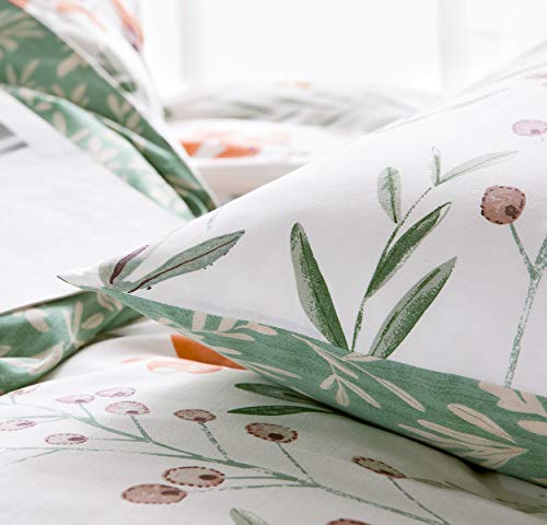 SLEEPBELLA Duvet Cover Queen, 600 Thread Count Cotton 3pcs Bedding Set Yellow Flowers and Green Branches Printed on White Reversible Comforter Cover