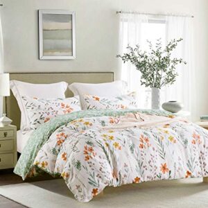 SLEEPBELLA Duvet Cover Queen, 600 Thread Count Cotton 3pcs Bedding Set Yellow Flowers and Green Branches Printed on White Reversible Comforter Cover