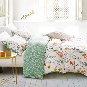 SLEEPBELLA Duvet Cover Queen, 600 Thread Count Cotton 3pcs Bedding Set Yellow Flowers and Green Branches Printed on White Reversible Comforter Cover