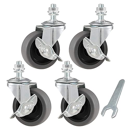 WHARSTM Caster Wheels, 3" Locking Swivel Casters Set of 4, 3/8"-16 x 1" (Screw Diameter 3/8 ", Screw Length 1") Casters, Rubber Casters with 360 Degree No Noise Castor Wheels, Stem Casters with Brake