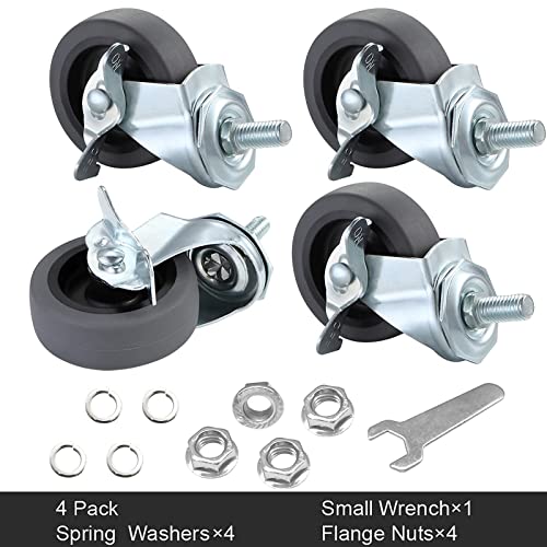 WHARSTM Caster Wheels, 3" Locking Swivel Casters Set of 4, 3/8"-16 x 1" (Screw Diameter 3/8 ", Screw Length 1") Casters, Rubber Casters with 360 Degree No Noise Castor Wheels, Stem Casters with Brake