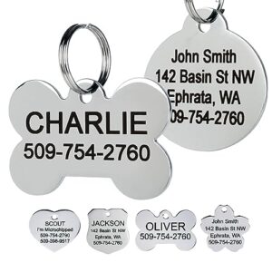 gotags stainless steel pet id tags, personalized dog tags and cat tags, up to 8 lines of custom text, engraved on both sides, in bone, round, heart, bow tie and more