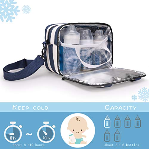 ALLCAMP Breast Milk Cooler Bag/Baby Bottles Bag with Contoured Ice Pack Fits 6 Bottle,Baby Bottles Tote Bag of Daycare,Breastmilk Baby Bottle Cooler & Travel Bag (Blue White)