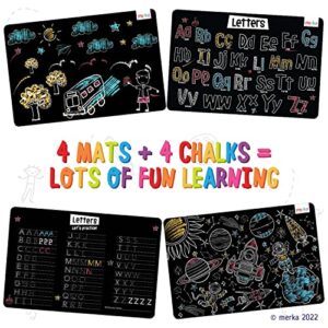 merka Coloring Placemats for Kids Placemats Kids Coloring Placemats Set of 4 Reusable Mats with 4 Colored Chalks Spaceships Astronauts and The Alphabet