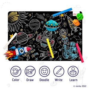 merka Coloring Placemats for Kids Placemats Kids Coloring Placemats Set of 4 Reusable Mats with 4 Colored Chalks Spaceships Astronauts and The Alphabet