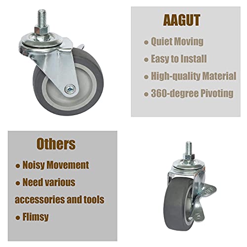 AAGUT 3 Inch Caster Wheels with Locking Brakes, Rubber Heavy Duty M10 x 1.5" Threaded Stem Industrial Castors Replacement for Workbench,Carts,Furniture,Dolly,Trolley,Set of 4