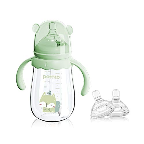 POTATO Glass Baby Bottles, Anti-Colic Breastfeeding Bottles with Fast Flow Nipple, Suitable for Babies 6-12 Months, 2 Replaceable Nipples, 8 oz, Green