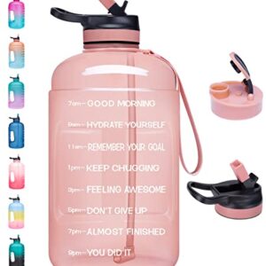 Venture Pal Half Gallon Water Bottle with 2 Lids, Large 64 oz Water Jug with Motivational Time Marker to Ensure You Drink Enough Water-Light Pink