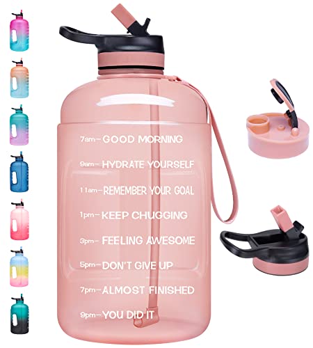 Venture Pal Half Gallon Water Bottle with 2 Lids, Large 64 oz Water Jug with Motivational Time Marker to Ensure You Drink Enough Water-Light Pink