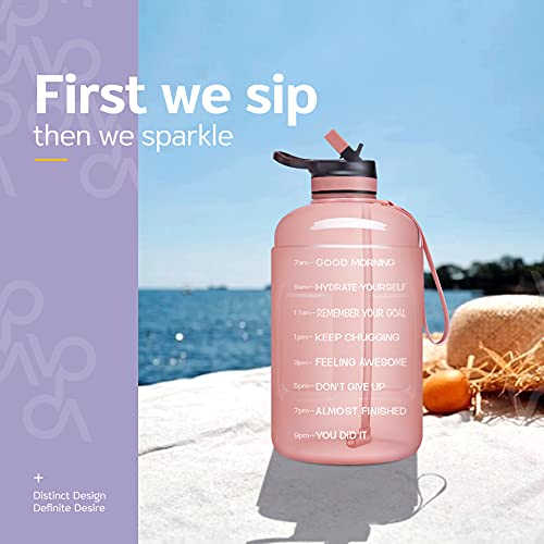 Venture Pal Half Gallon Water Bottle with 2 Lids, Large 64 oz Water Jug with Motivational Time Marker to Ensure You Drink Enough Water-Light Pink