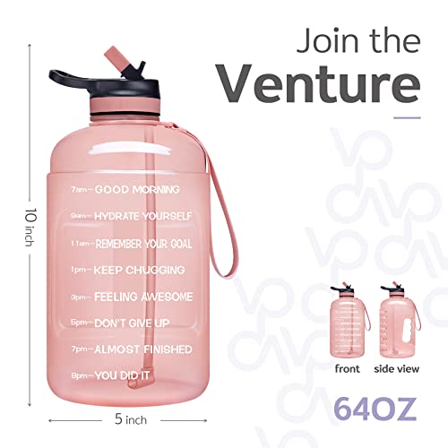 Venture Pal Half Gallon Water Bottle with 2 Lids, Large 64 oz Water Jug with Motivational Time Marker to Ensure You Drink Enough Water-Light Pink