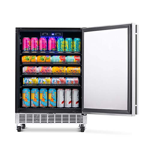 NewAir 24" Built-in 160 Can Outdoor Beverage Fridge in Weatherproof Stainless Steel with Auto-Closing Door and Easy Glide Casters. New Air Mini Fridge, Built-In or Freestanding Outdoor Fridge