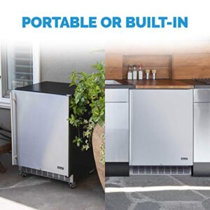 NewAir 24" Built-in 160 Can Outdoor Beverage Fridge in Weatherproof Stainless Steel with Auto-Closing Door and Easy Glide Casters. New Air Mini Fridge, Built-In or Freestanding Outdoor Fridge