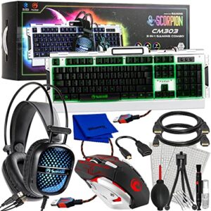 professional pc & gaming accessory bundle - includes: marvo scorpion cm-303 3-in-1 gaming combo (keyboard, mouse & headset) + deluxe equipment maintenance kit