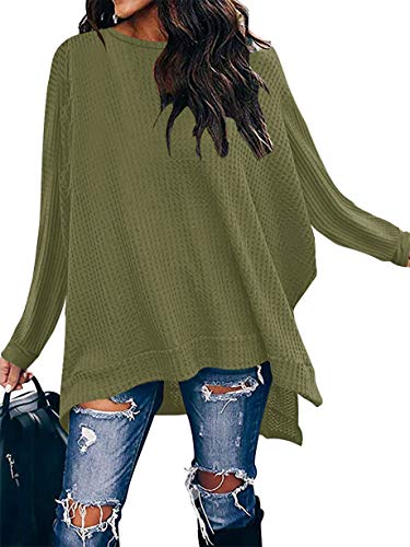 ANRABESS Sweaters for Women Oversized Long Batwing Sleeve Crewneck Waffle Knitted High Low Hem Casual Cozy Cute 2023 Fall Tunic Pullover Tops Poncho A138junlv-S Army Green