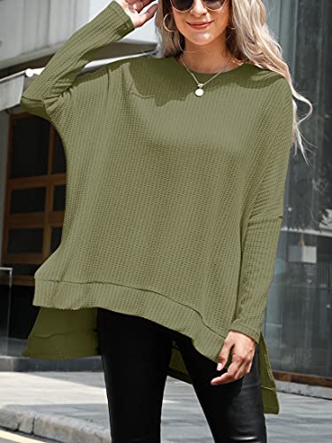 ANRABESS Sweaters for Women Oversized Long Batwing Sleeve Crewneck Waffle Knitted High Low Hem Casual Cozy Cute 2023 Fall Tunic Pullover Tops Poncho A138junlv-S Army Green