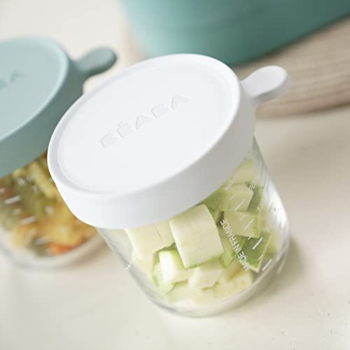 Beaba Glass Baby Food Containers with Lid, Glass Food Storage Containers with Airtight Lid, Baby Food Glass Jars, Baby Essentials, Freezer Microwave Safe, 8 oz, Cloud