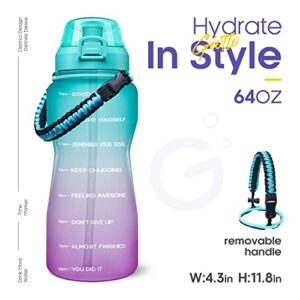 Giotto Large Half Gallon/64OZ Motivational Water Bottle with Paracord Handle & Removable Straw - Leakproof Tritan BPA Free Fitness Sports Water Jug with Time Marker-Green/Purple Gradient