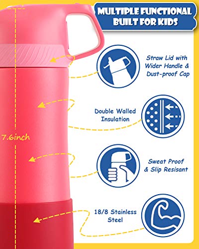 EIJIAN Kids Insulated Water Bottle With Straw Lid 14oz, Leak-Proof BPA-FREE Metal Drink Flask, Double Wall Vacuum Stainless Steel Cup For Toddlers, Girls, Boys - Suitable For School, Outdoor, Travel